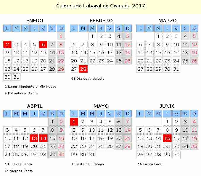Calendario Laboral | Granada 2016 Calendario Laboral | Granada 2016